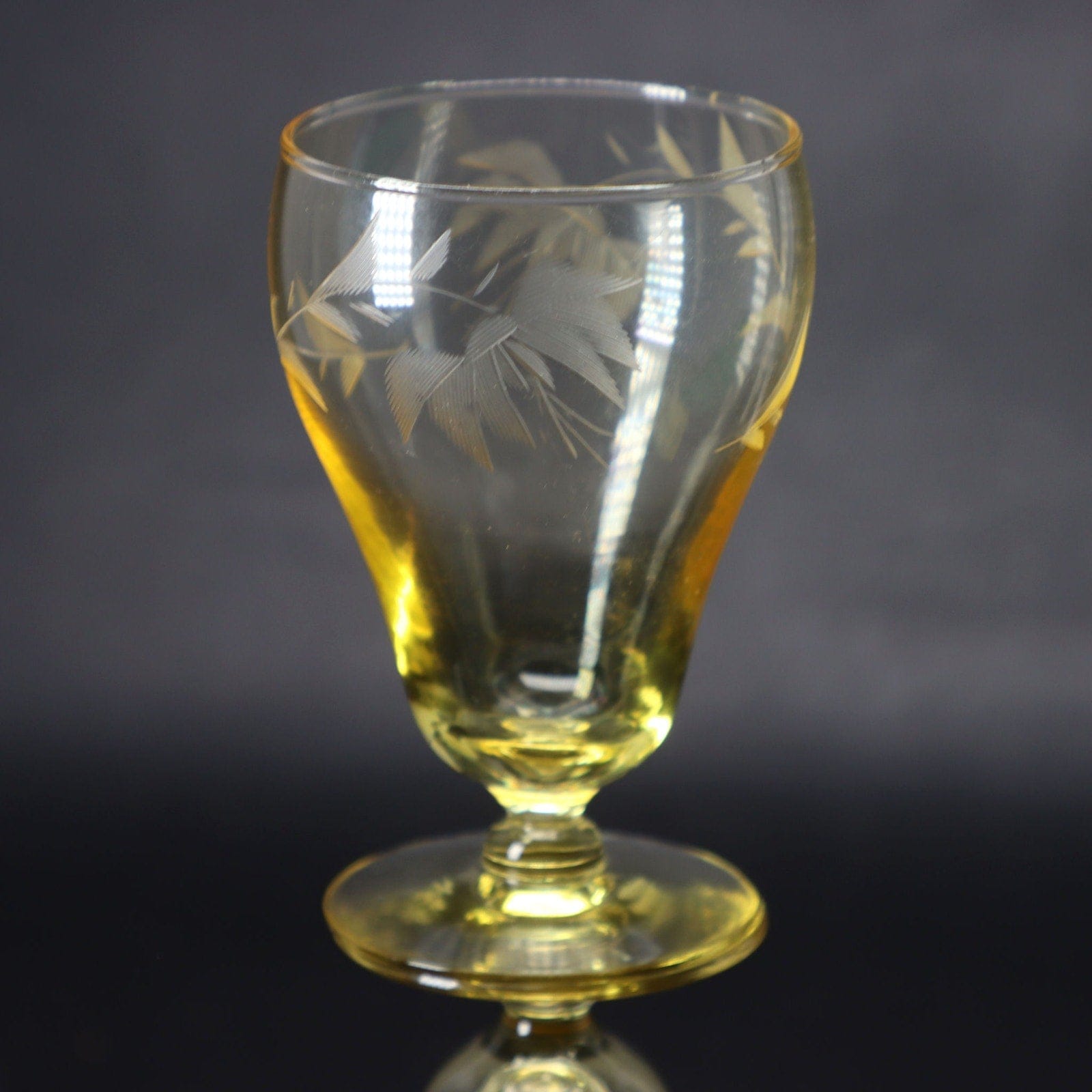 Lancaster Topaz Yellow Water Lilly Etched 3 3/4" Parfait Depression Gl ...